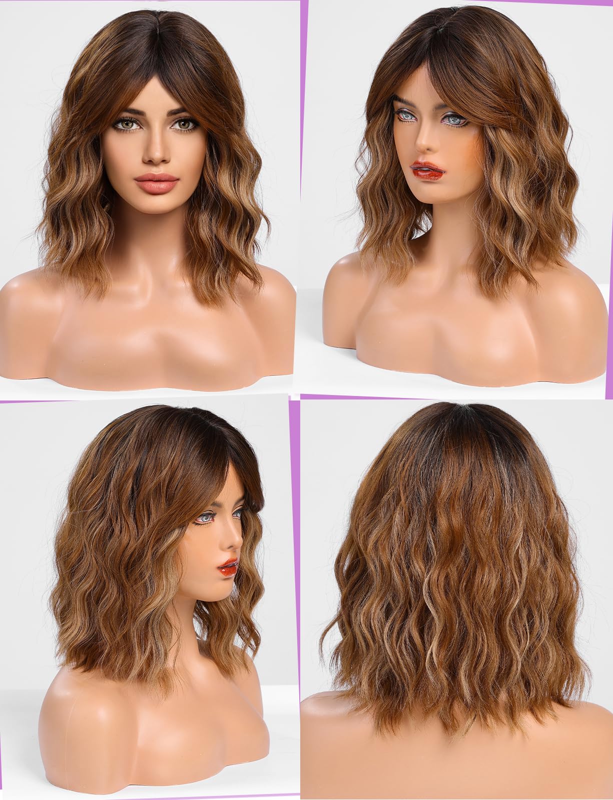 Getshow Brown Bob Wigs for Women,Synthetic Wavy Curly Hair Wig with Bangs for Daily Use