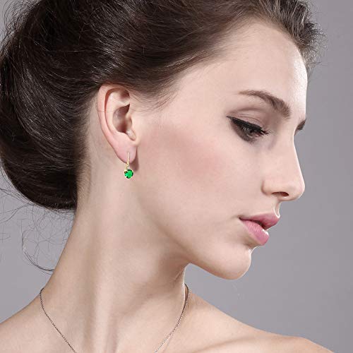 Gem Stone King 14K Yellow Gold Green Nano Emerald Leverback Dangle Earrings For Women (1.57 Cttw, Gemstone May Birthstone, Round 6MM)
