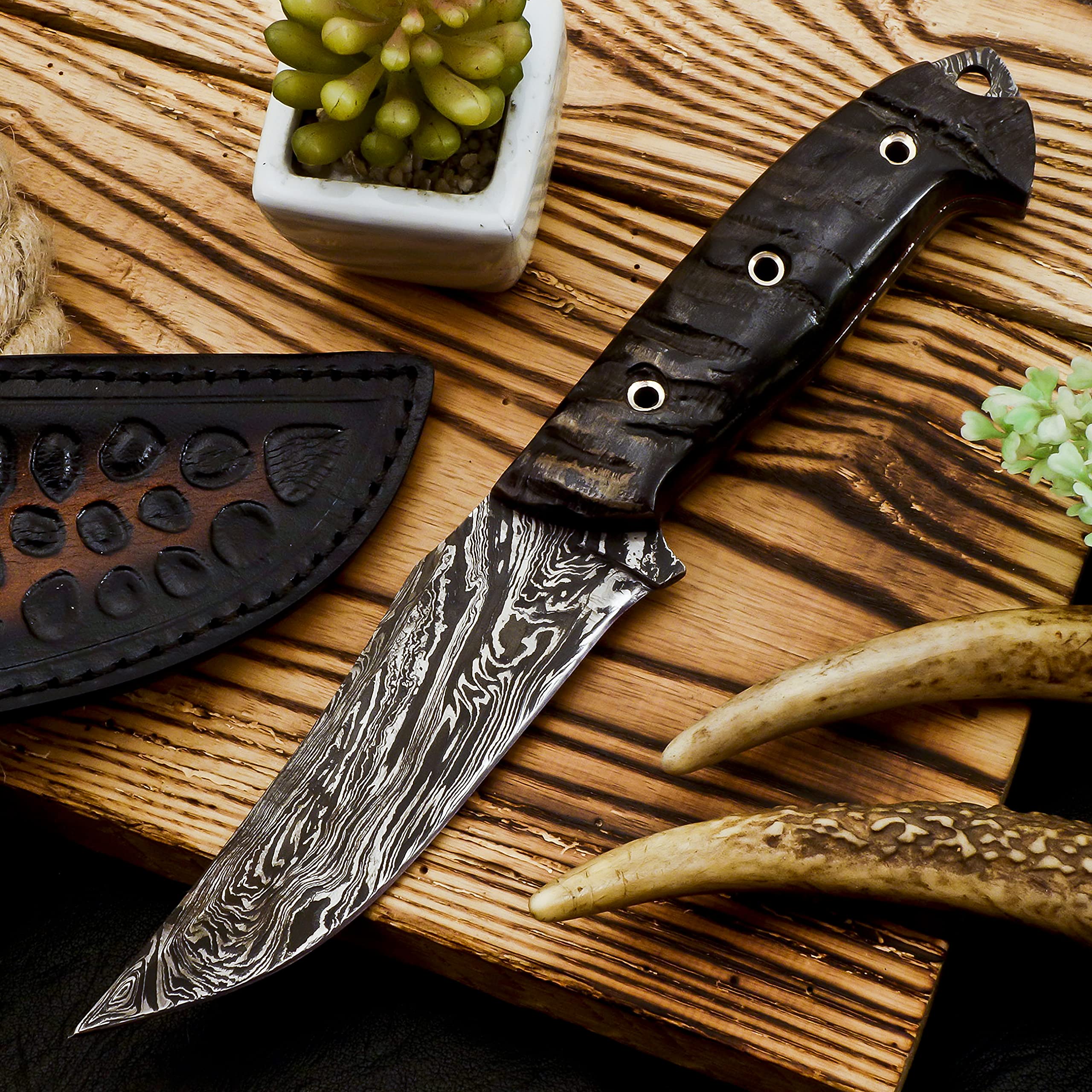 Handmade Damascus Hunting Knife with Sheath for Belt – 10 inches Fixed Blade full tang 1095 steel knife with Sheep Horn Handle