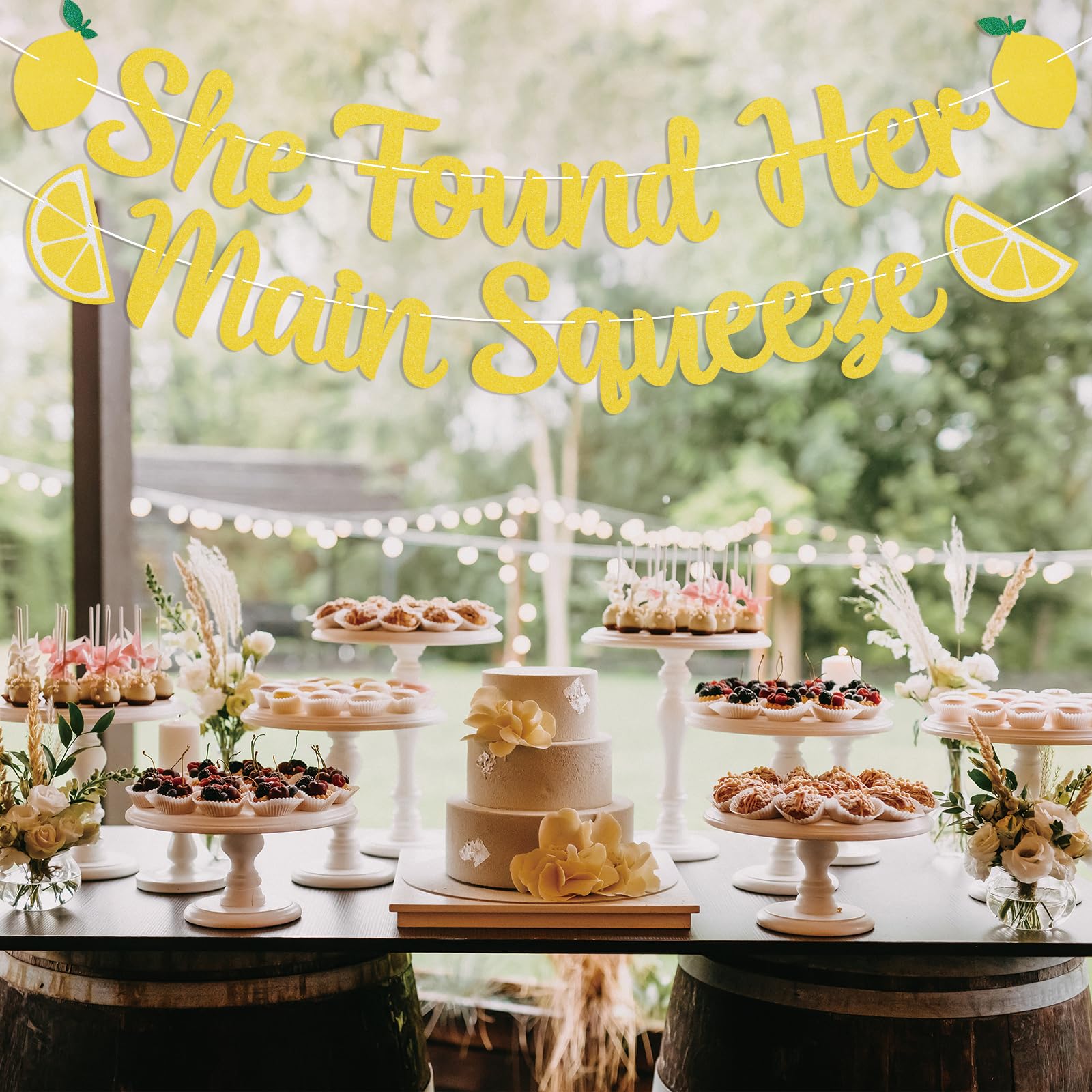 She Found Her Main Squeeze Banner - Spritz OโClock Banner, Lemon Citrus Lemonade Theme Bridal Shower Bride to Be Wedding Engagement Bachelorette Party Supplies Gold Glitter