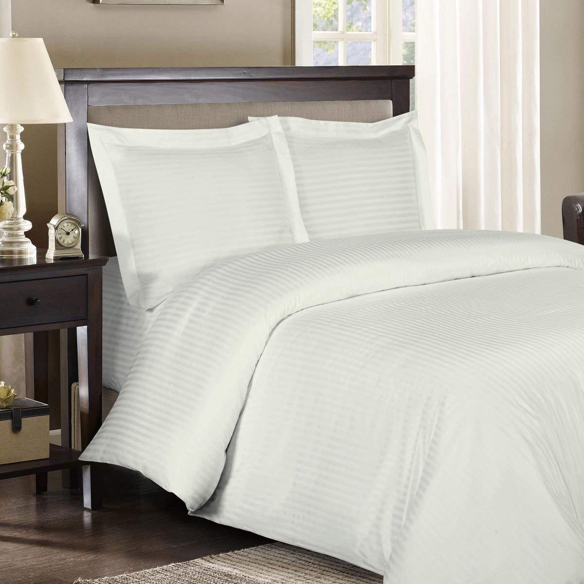 Royal Hotel's Striped Duvet Covers 100% Cotton Soft and Breathable Cotton 300 Thread-Count 3pc Duvet-Cover with Button Closure, Striped Comforter Cover Set, King/California-King Size, Ivory-Cream