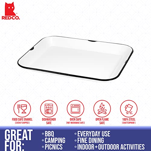 Red Co. 13.5” x 10” Enamelware Metal Classic 1.6-Quart Rectangular Serving Tray, Distressed White/Black Rim