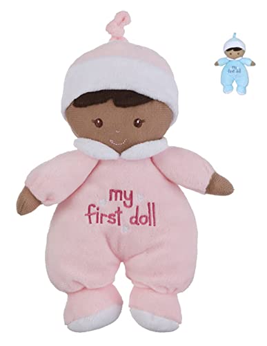 Ganz My First Doll Dollies Soft Plush Girl with Dark Complexion and Black Hair Pink Outfit, Hat. She Rattles!