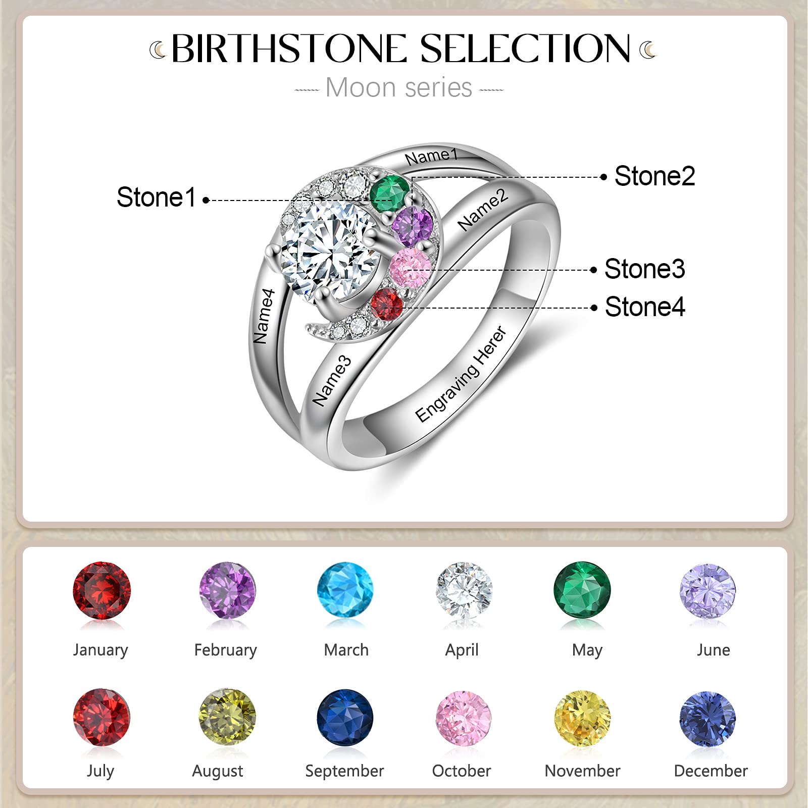 JewelOra Personalized Promise Ring for Her Custom Moon Engagement Ring with Simulated Birthstones Engraved Names Wedding Ring Jewelry Gift for Women Mom(4 names, 9)