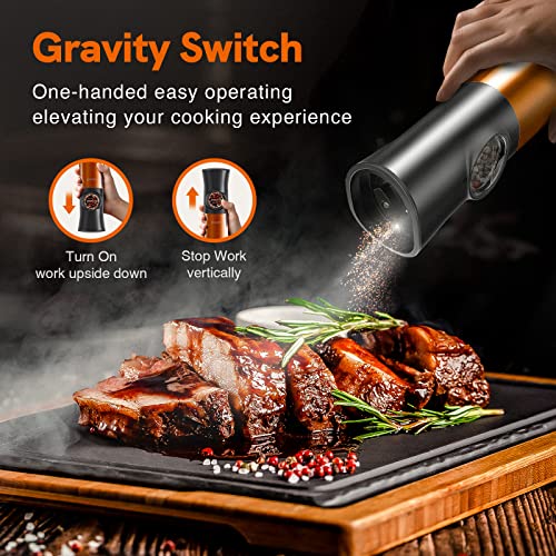 Gravity Electric Salt and Pepper Grinder Set - USB Rechargeable,Automatic Salt Pepper Mill with 5 Adjustable Coarseness, Ceramic Grinder with Bottom Cap, White LED Lights