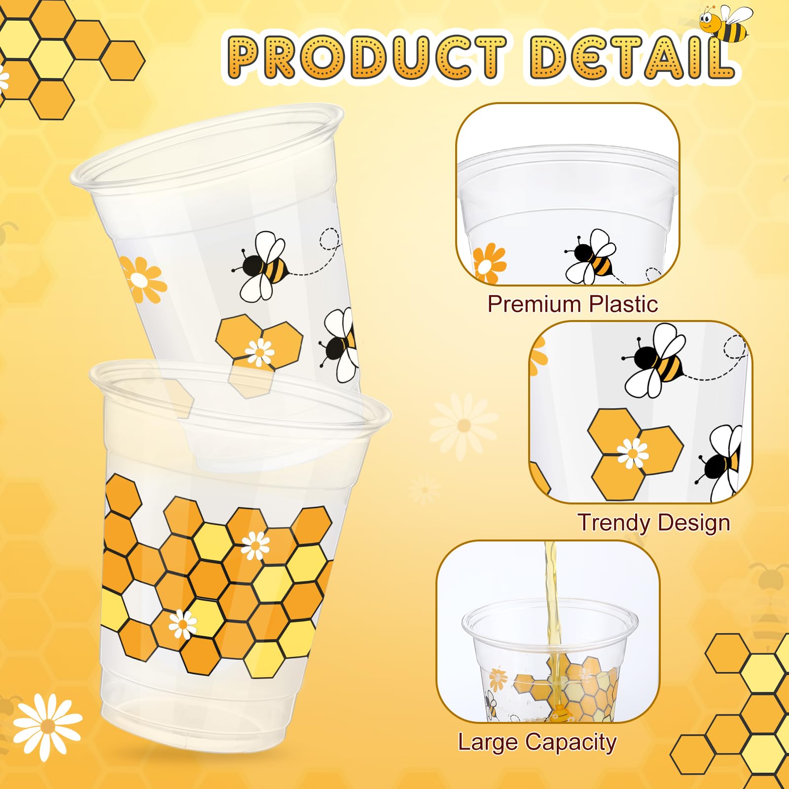 Sliner 50 Pcs Bee Party Plastic Cups with Straws 12 oz Clear Honey Bee Cups Disposable Bee Drinking Cups Bee Theme Party Favors for Home Kitchen Bee Birthday Baby Shower Party Supplies Decor