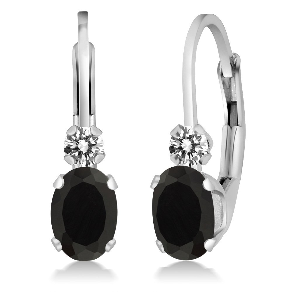 Gem Stone King 14K White Gold Black Onyx and White Diamond Leverback Earrings For Women | 0.85 Cttw | Gemstone December Birthstone | Oval 6X4MM, Round 2MM | 3/4 Inch