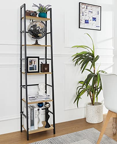 Pshelfy Bookshelf, 5-Tier Narrow Ladder Shelf Bookcase with Metal Frame, Freestanding Corner Rack Shelves for Small Spaces Display Storage Organizer Tall Skinny Shelf for Bedroom Living Room Kitchen