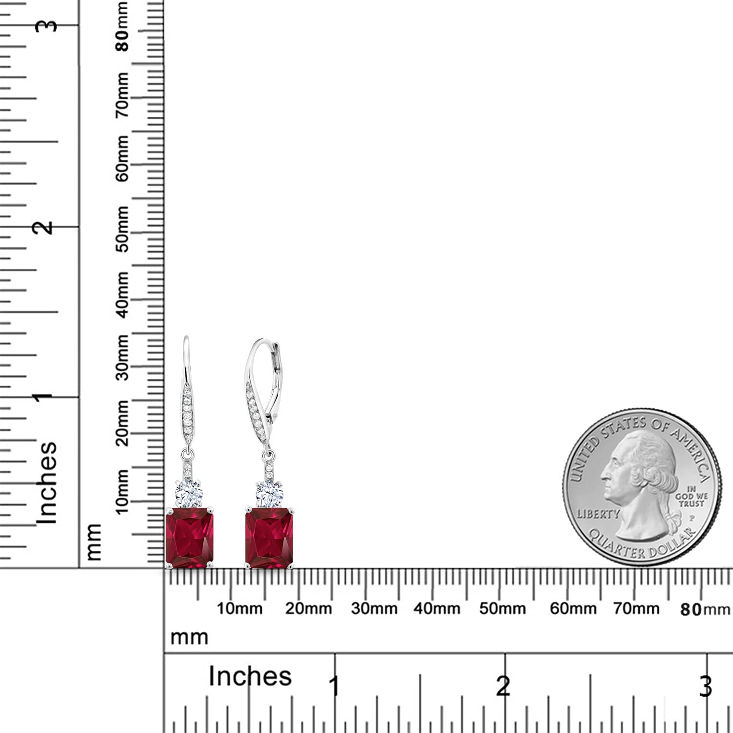Gem Stone King 925 Sterling Silver Red Created Ruby Dangle Earrings For Women (5.60 Cttw, Gemstone July Birthstone, Emerald Cut 9X7MM)