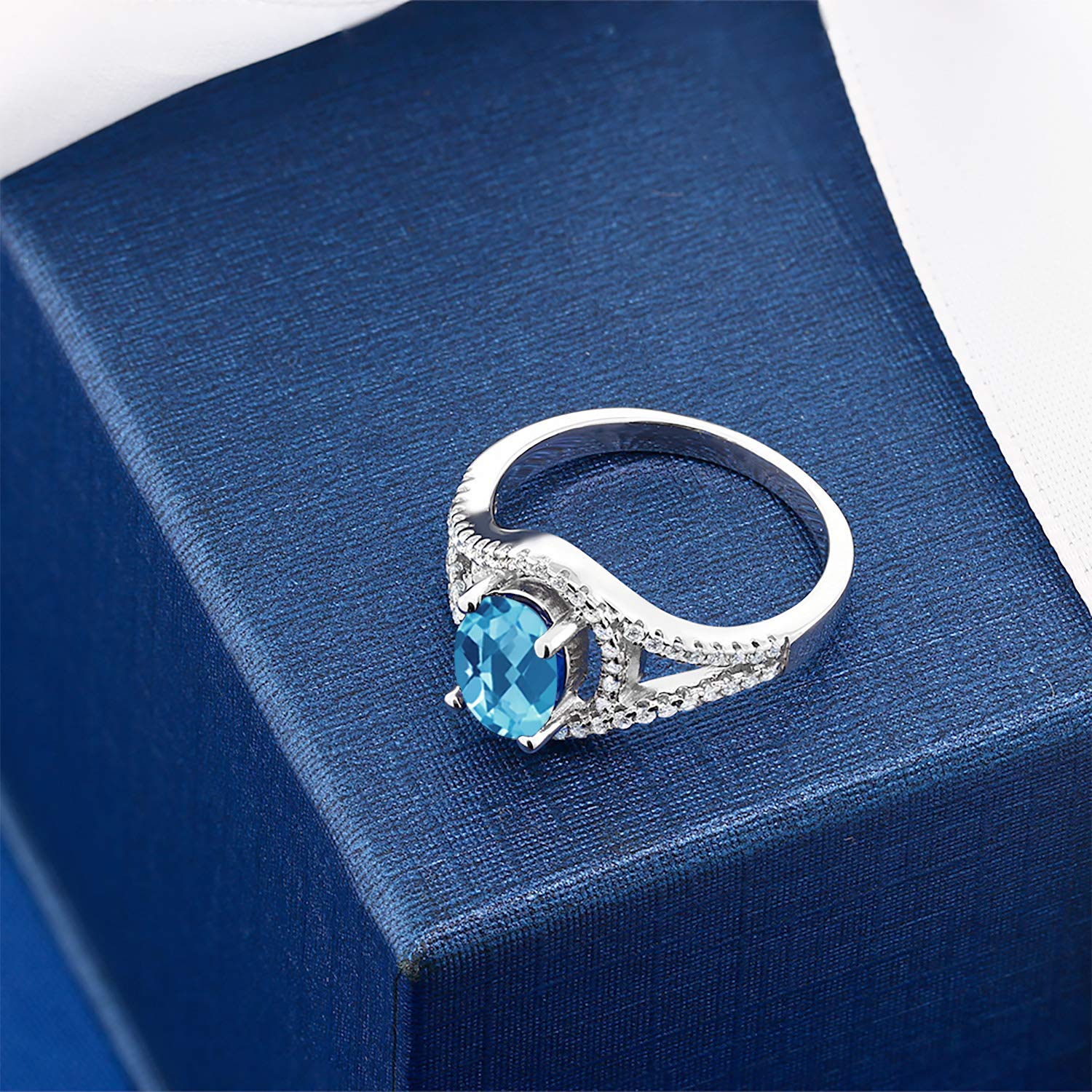 Gem Stone King 925 Sterling Silver Oval Checkerboard Swiss Blue Topaz Gemstone Birthstone Ring 2.01 cttw (Size 5)