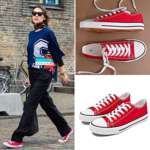Womens Canvas Sneakers Low Top Lace Up Canvas Shoes Fashion Comfortable⦠(Red, US7)