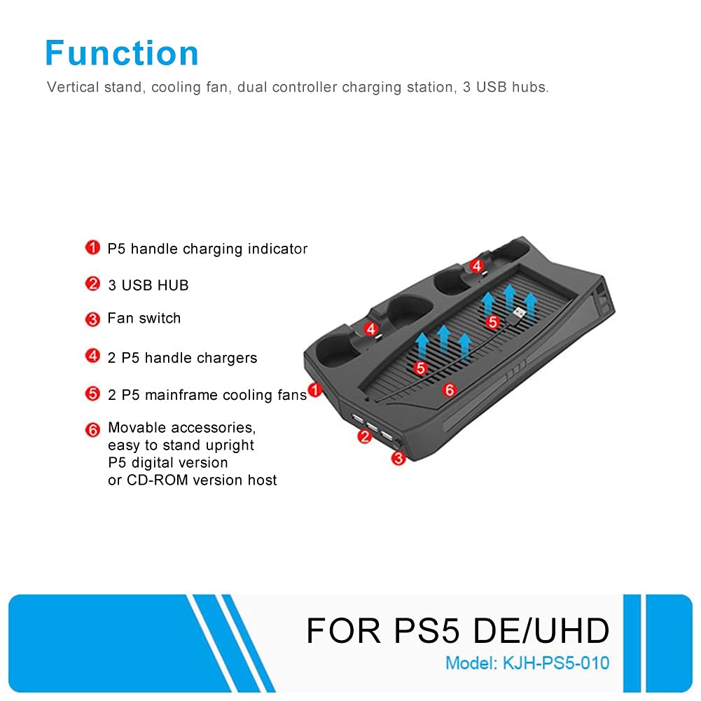 HGVVNM Charging Stand with Cooling Fan 3 USB Hub Charger Port Cooler Handle Charger for PS5 Game Accessories