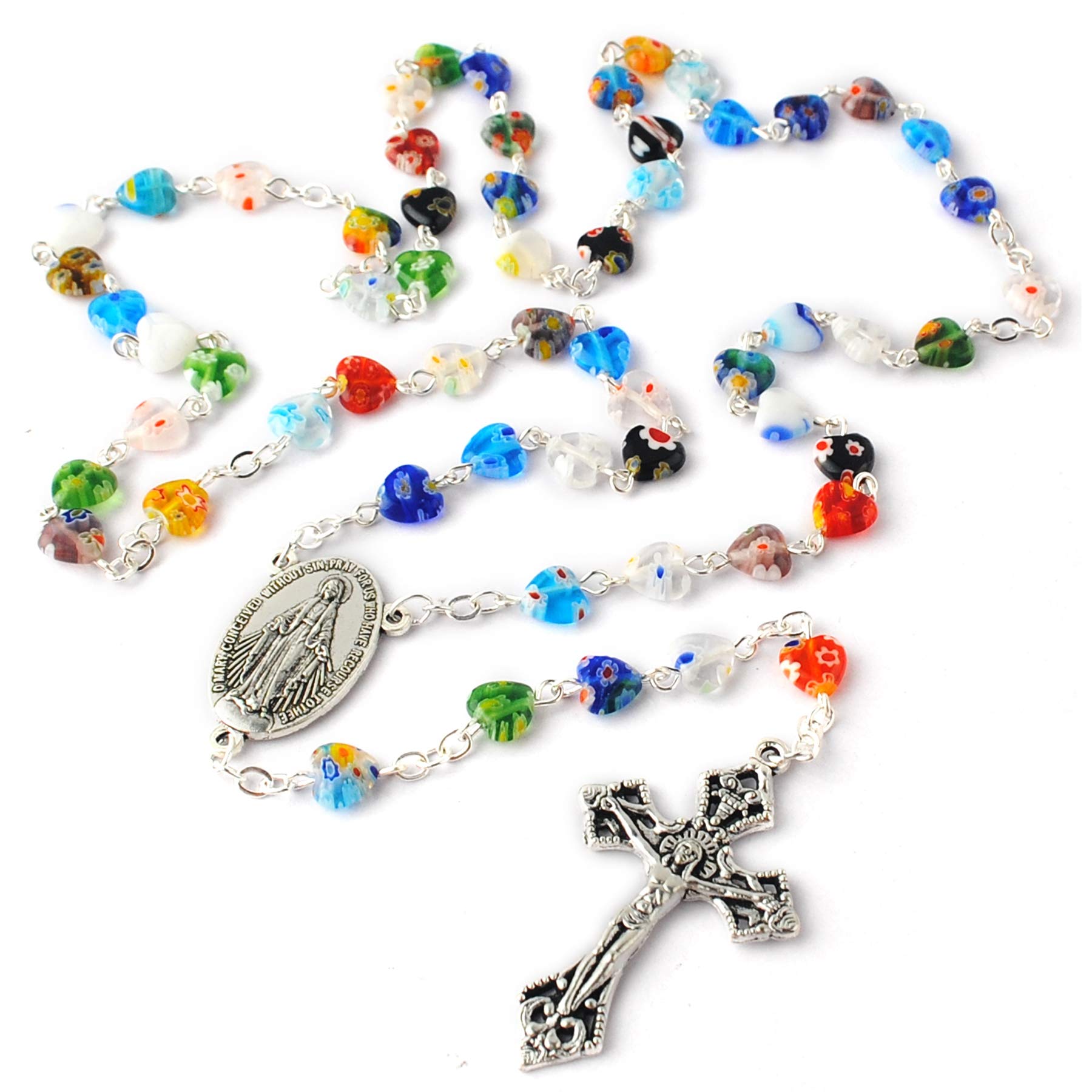 HanlinCC 8mm Multicolor Glass Heart Shape Beads Catholic Rosary with Miraculous Center Piece and Cross