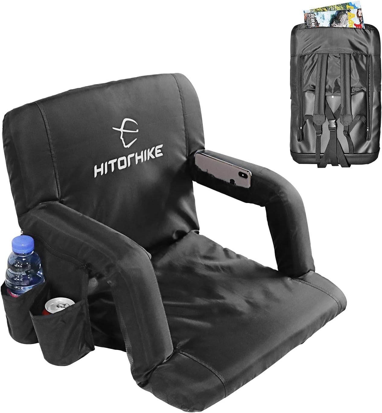 HITORHIKE Stadium Seat for Bleachers or Benches Portable Reclining Stadium Seat Chair with Padded Cushion Chair Back and Armrest Support(Black2PCS,21",1PC)