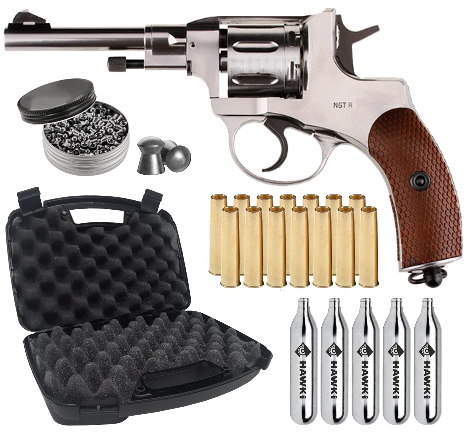 Gletcher NGT RF .177 Cal CO2 Pellet Silver Air Pistol with Safety Lever with Pack of 500x Pellets and 5xCO2 and Hard Case and Extra 7 Capsules Bundle
