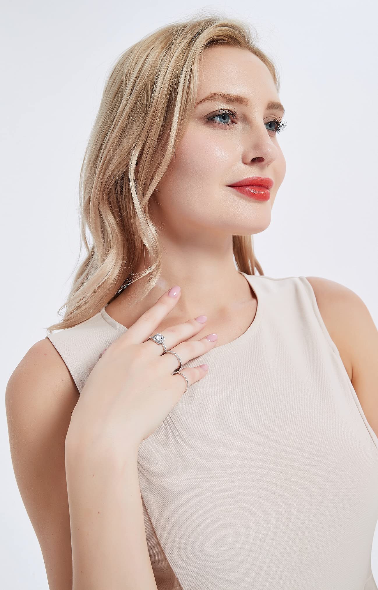 INSRING 14K Gold Plated Stackable Rings - Three-In-One Set Cubic Zirconia Engagement Promise Eternity Ring Band for Women White Gold, Size 5