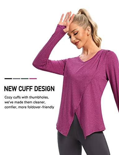 Hiverlay Long Sleeve Workout Shirts for Women V Neck Athletic with Thumbhole Pockets Running Loose Active T-Shirts Pink Large