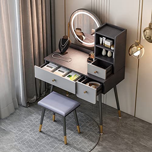 Redsun Vanity Table Set with 3 Color Touch Screen Dimming Mirror,Makeup Dressing Table with 3 Sliding Drawers and Cushioned Stool,Dresser Desk for Women/Girls (Silver Gray, 15.7Wx35.4L)…