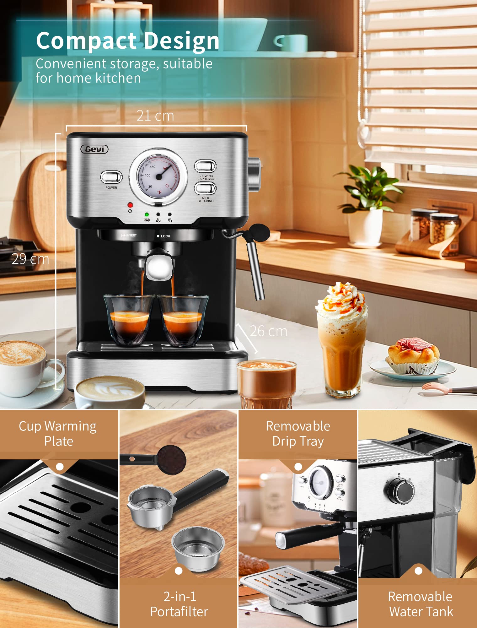 Gevi Espresso Machine, Espresso Maker with Milk Frother Steam Wand, Compact Espresso Super Automatic Espresso Machines for home Cappuccino, Latte