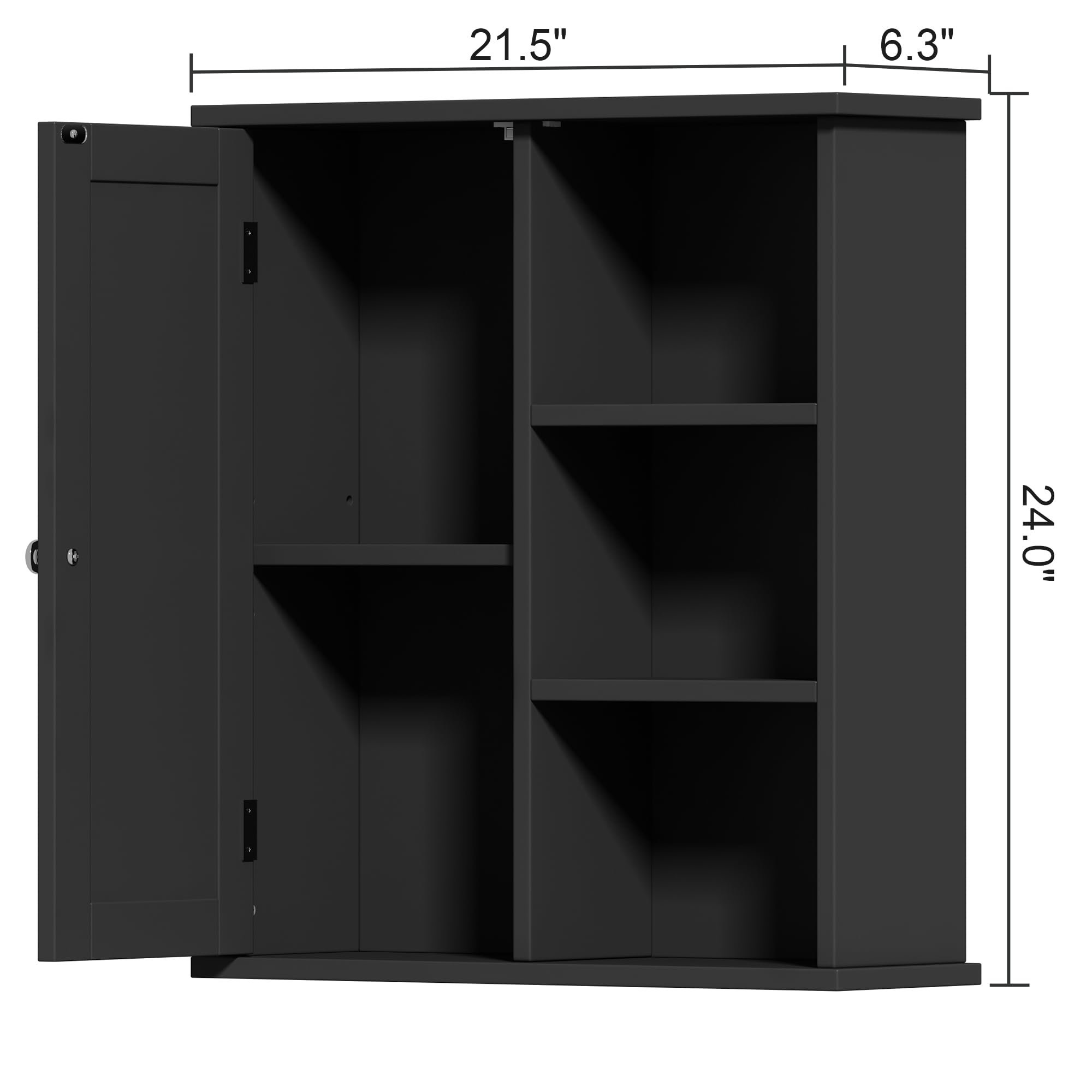 Treocho Bathroom Wall Cabinet, Medicine Cabinet with Door and 3 Open Shelves, Wall Mounted Storage Organizer for Bathroom, Kitchen, Living Room, Black