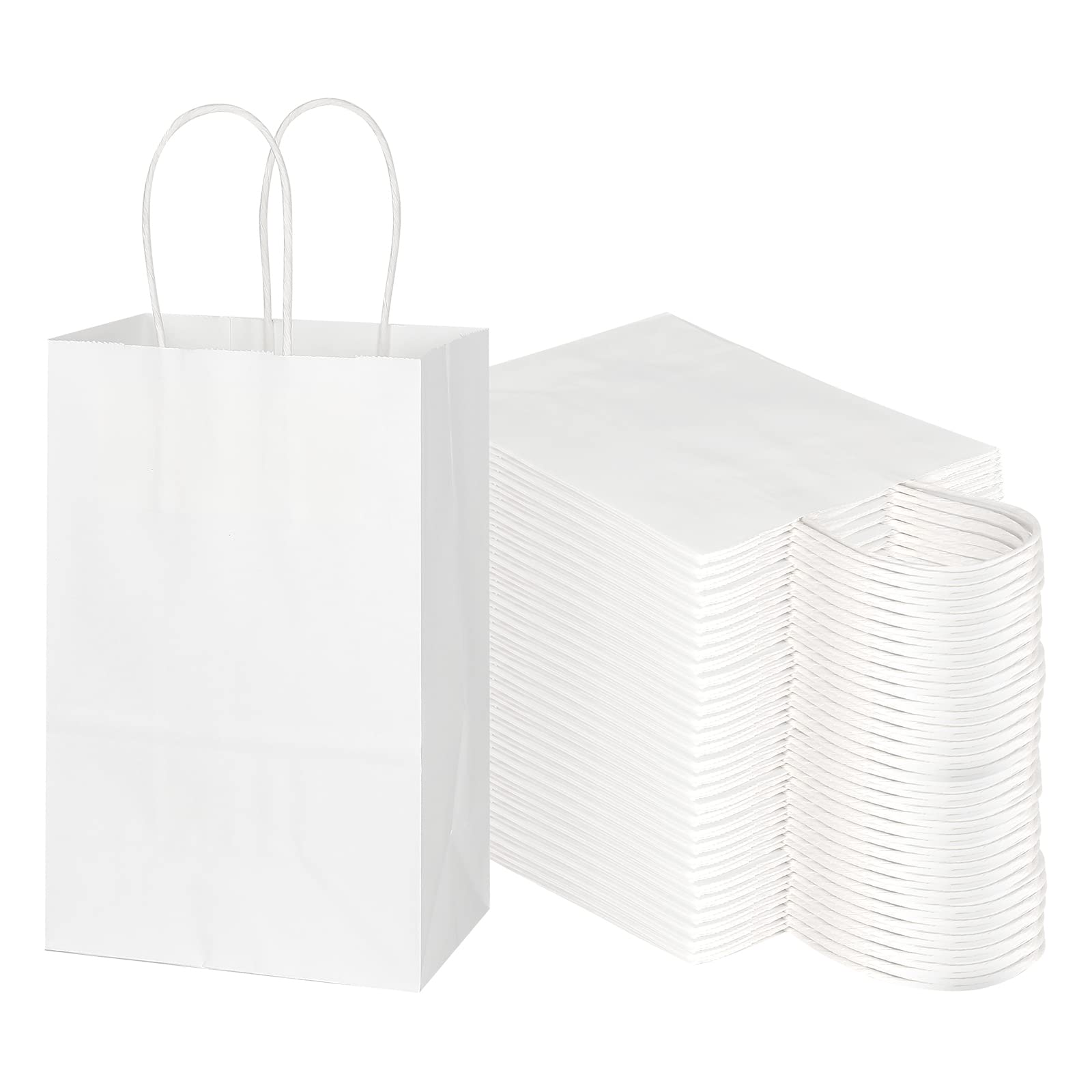 Toovip 100 Pack 5.25x3.25x8.25 Inch Small White Kraft Paper Bags with Handles Bulk, Gift Wrap Bags for Favor Grocery Retail Party Birthday Shopping Business Goody Craft Sacks Merchandise Take Out Cub