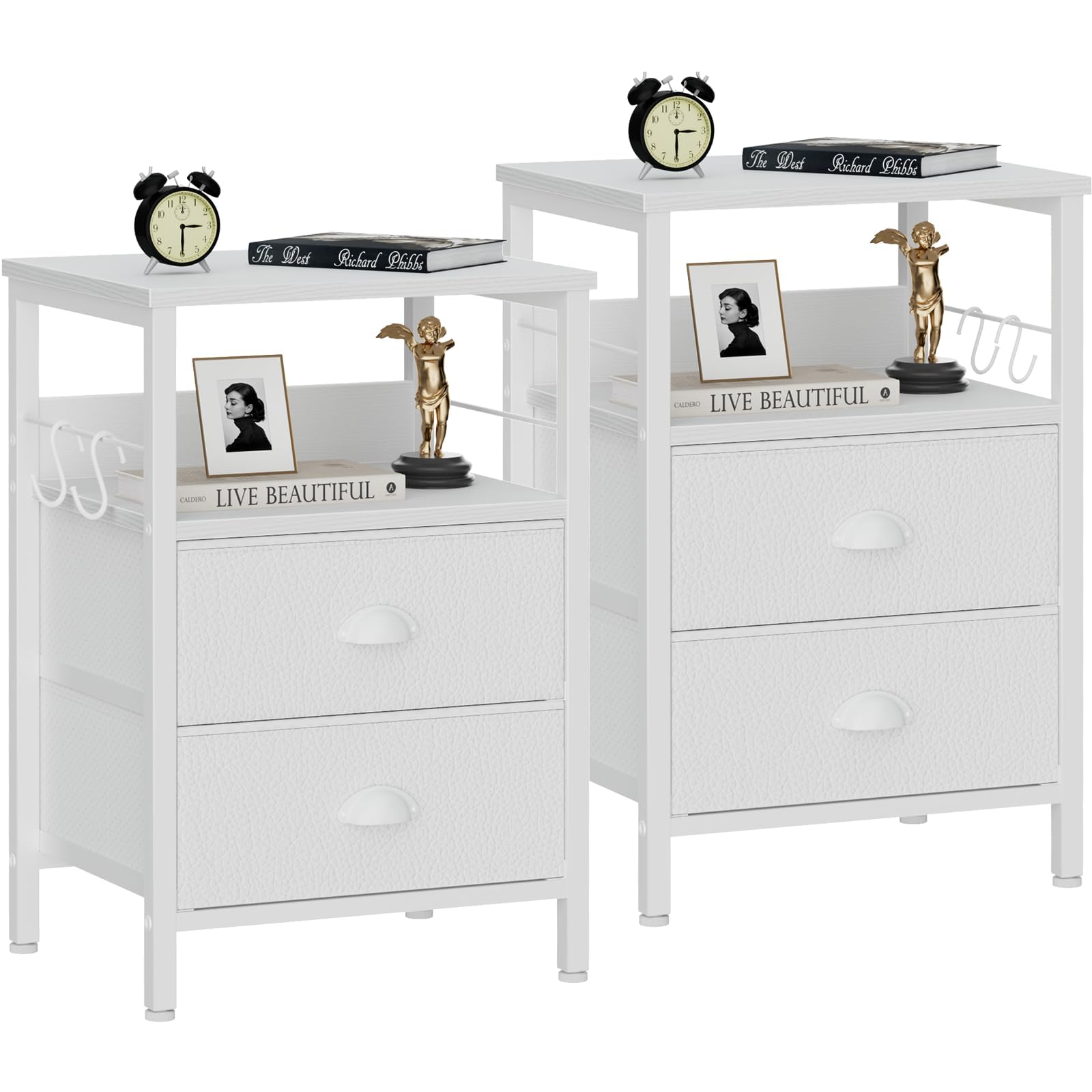 Furologee Nightstands Set 2, End Table with 2 Fabric Drawers, Bedside Table with 2 Hooks, Open Wood Shelf Side Sofa Table for Bedroom/Living Room/Hallway/White
