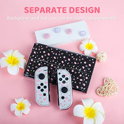 Glitter Case for Nintendo Switch OLED, FANPL Cute Protective Cover Compatible with Switch OLED, Crystal PC Shell Accessories for Girls with 4 Thumb Caps and Screen Protector - Sparkle Pink Sakura