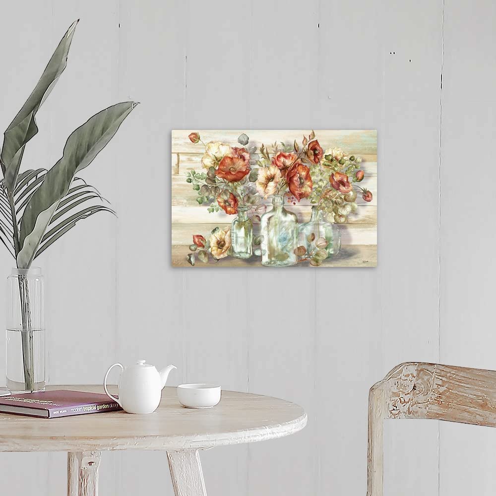 GREATBIGCANVAS Spice Poppies and Eucalyptus in Bottles Canvas Wall Art Print, Poppy Home Decor Artwork, 36"x24"x1.5"