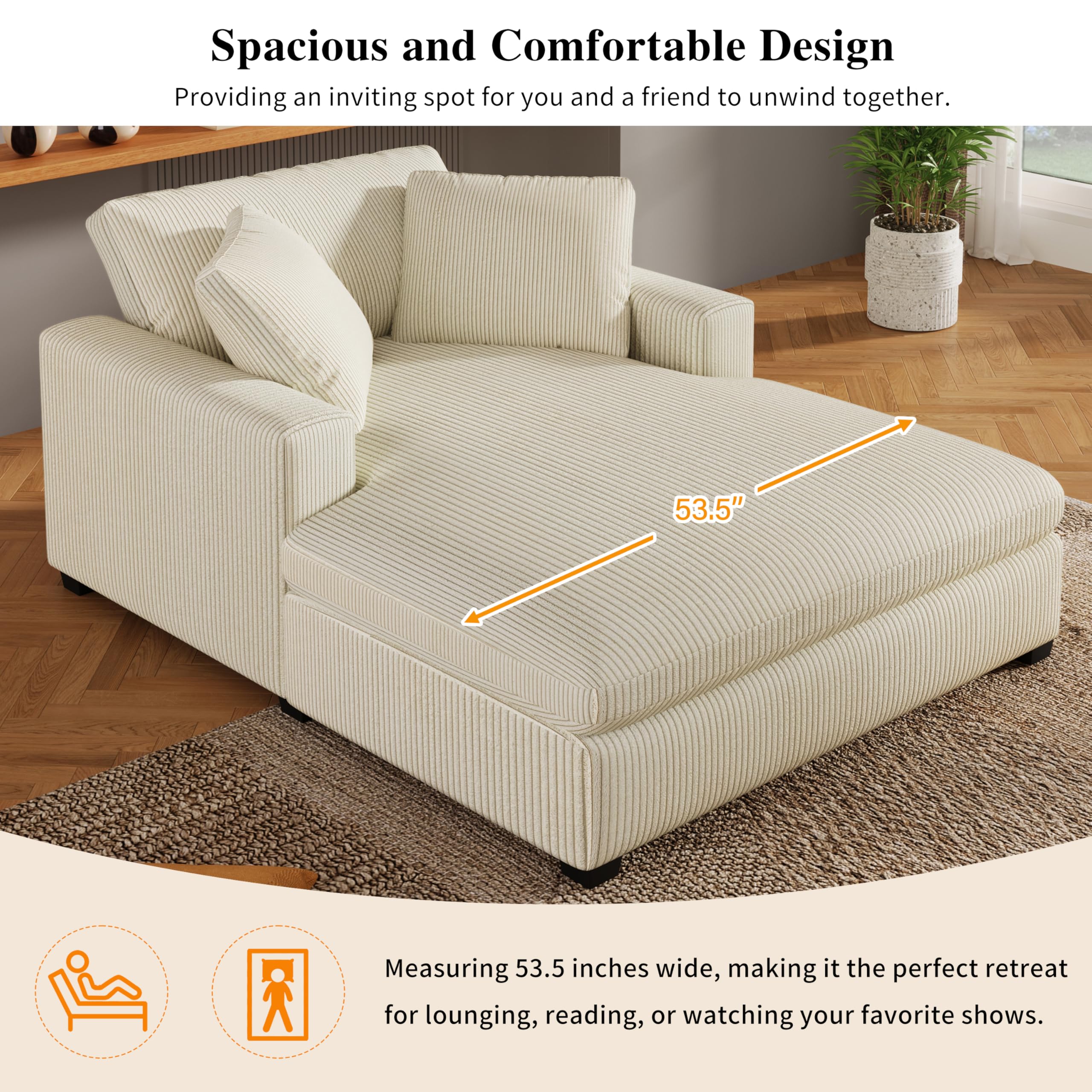 RuiSiSi Oversized Chaise Lounge Chair Indoor, Upholstered Comfy Sofa with 2 Throw Pillows and Armrests, Modern Upholstered Sofa Couch Frame with Solid Wood Legs, Grey