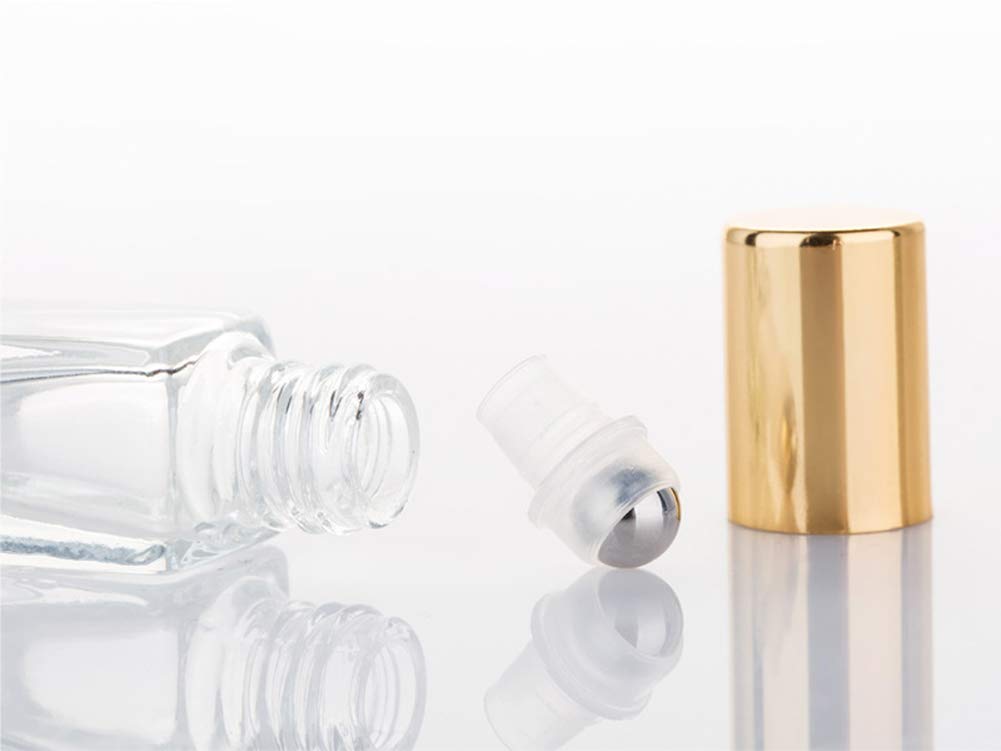 Furnido 3ml Square Glass Roller Bottle For Essential Oils,Mini Glass Bottles With Stainless Steel Roller Balls,Gold Aluminum Caps Portable Roll-On Vial Aromatherapy Perfume Container-10 Pack