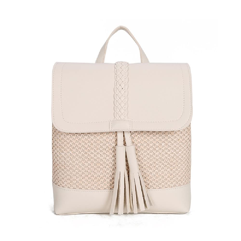 IAMUHI Women Fashion Backpack Purse Casual Summer Handwoven Tassels Backpack Handbag for Vacation,Beach White