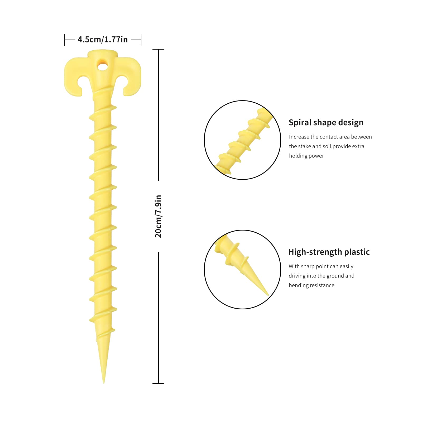 HKCLAVUS Canopy Stakes Camping Stakes Beach Tent Stakes Heavy Duty Screw Shape 20 cm 7.9 inch(Yellow 12pcs)
