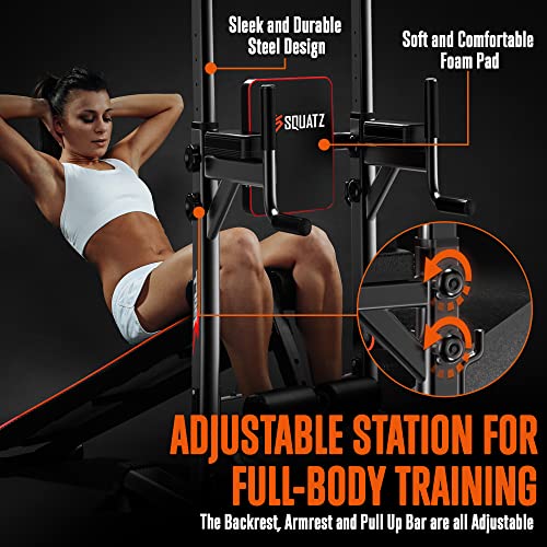 SQUATZ Pull-Up Workout Station with Bench - Multifunctional Gym Equipment Setup w/Pulling Bar, Sit-Up Board, Backrest, Elbow Pad, & Steel Main Frame, Great for Home Exercise and Weight Training