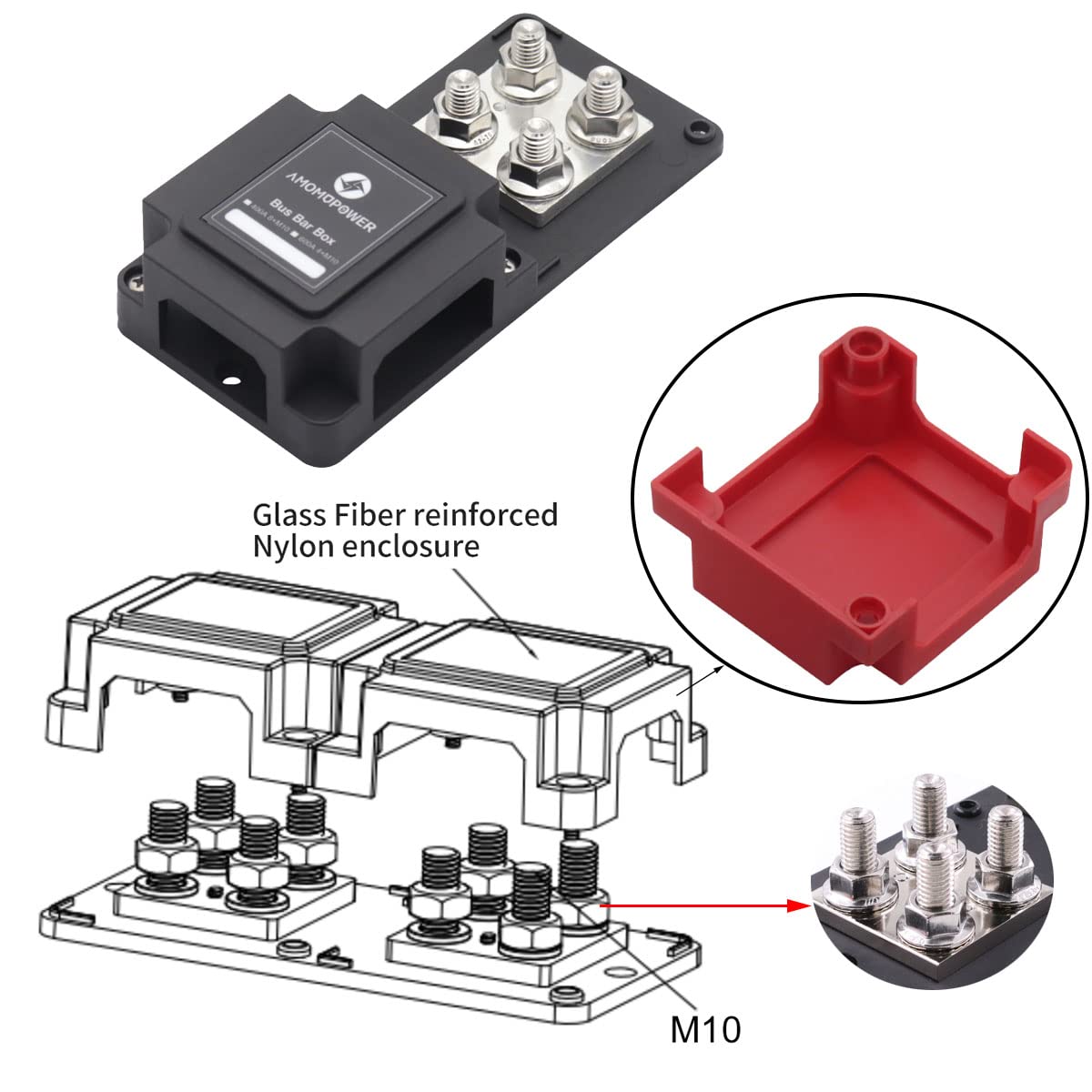 Gloaso Copper Bus Bar 12V- 48V 400A Heavy Duty Module 8X 3/8" Studs Terminals Power Distribution Blocks 400 Amp Battery Busbars Box with Cover for Car Marine Boat RV Solar, Positive& Negative