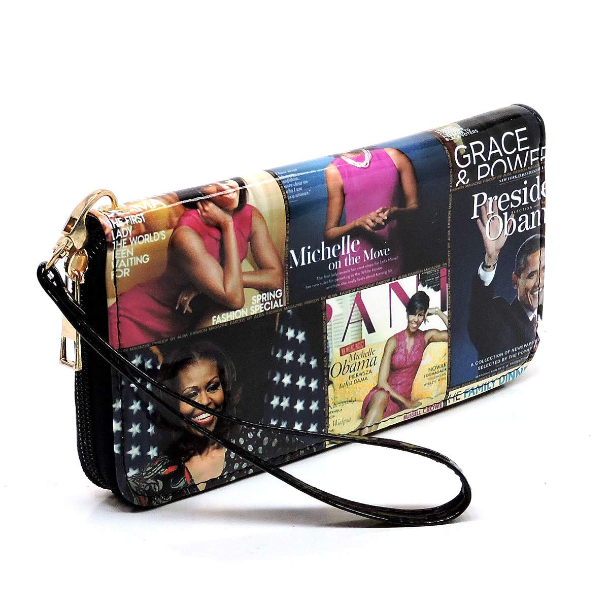 Glossy magazine cover collage Michelle Obama printed two stand alone tote bags and one matching wallet 3pcs set, 3 in 1 (Pic#A-MTBK)