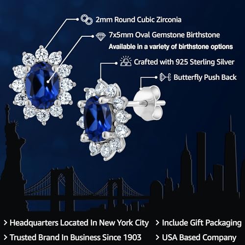 Gem Stone King 925 Sterling Silver Oval 7X5MM Gemstone Birthstone Stud Earrings Princess Diana Royal Halo Style For Women Anniversary Wedding Birthday