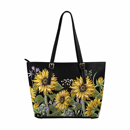 InterestPrint Border with Sun-Flower Bouquet Halloween Women Totes Top Handle HandBags PU Leather Purse
