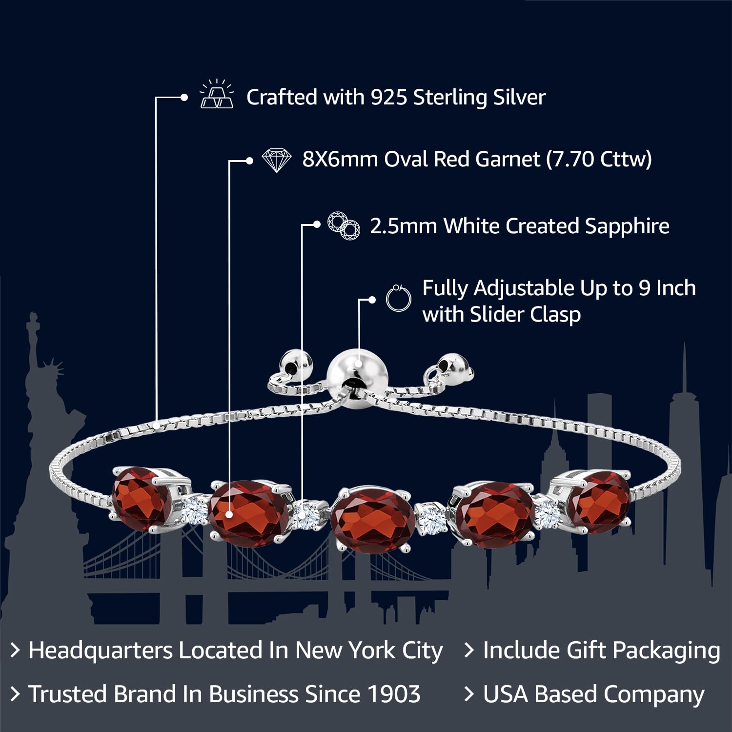 Gem Stone King 925 Sterling Silver Red Garnet and White Created Sapphire Tennis Bracelet For Women (7.70 Cttw, Oval 8X6MM, Gemstone Birthstone, Fully Adjustable Up to 9 Inch))