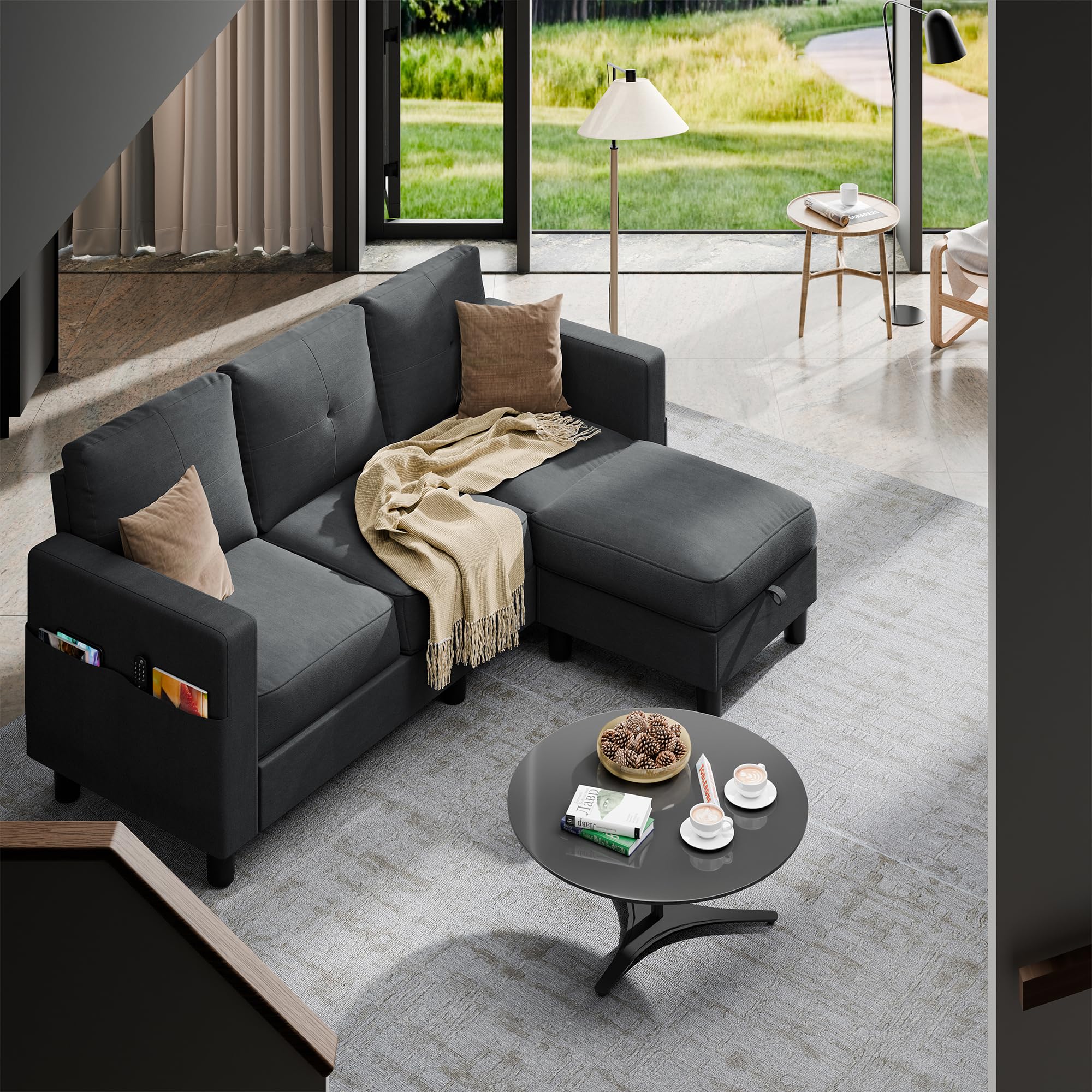 Shintenchi Convertible Sectional Sofa Couch, Modern Linen Fabric L-Shaped, 3-Seat Sofa Sectional with Storage Function Ottoman/Armrest Reversible Chaise for Living Room and Small Space (Black)