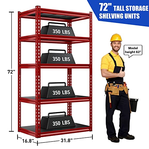 REIBII Garage Shelving Heavy Duty 72" Garage Storage Shelves 5 Tier Adjustable Heavy Duty Shelving 1750LBS Metal Storage Shelving Unit for Basement Garage Storage Rack 72"H x 16.8"D x31.8"W Red Black