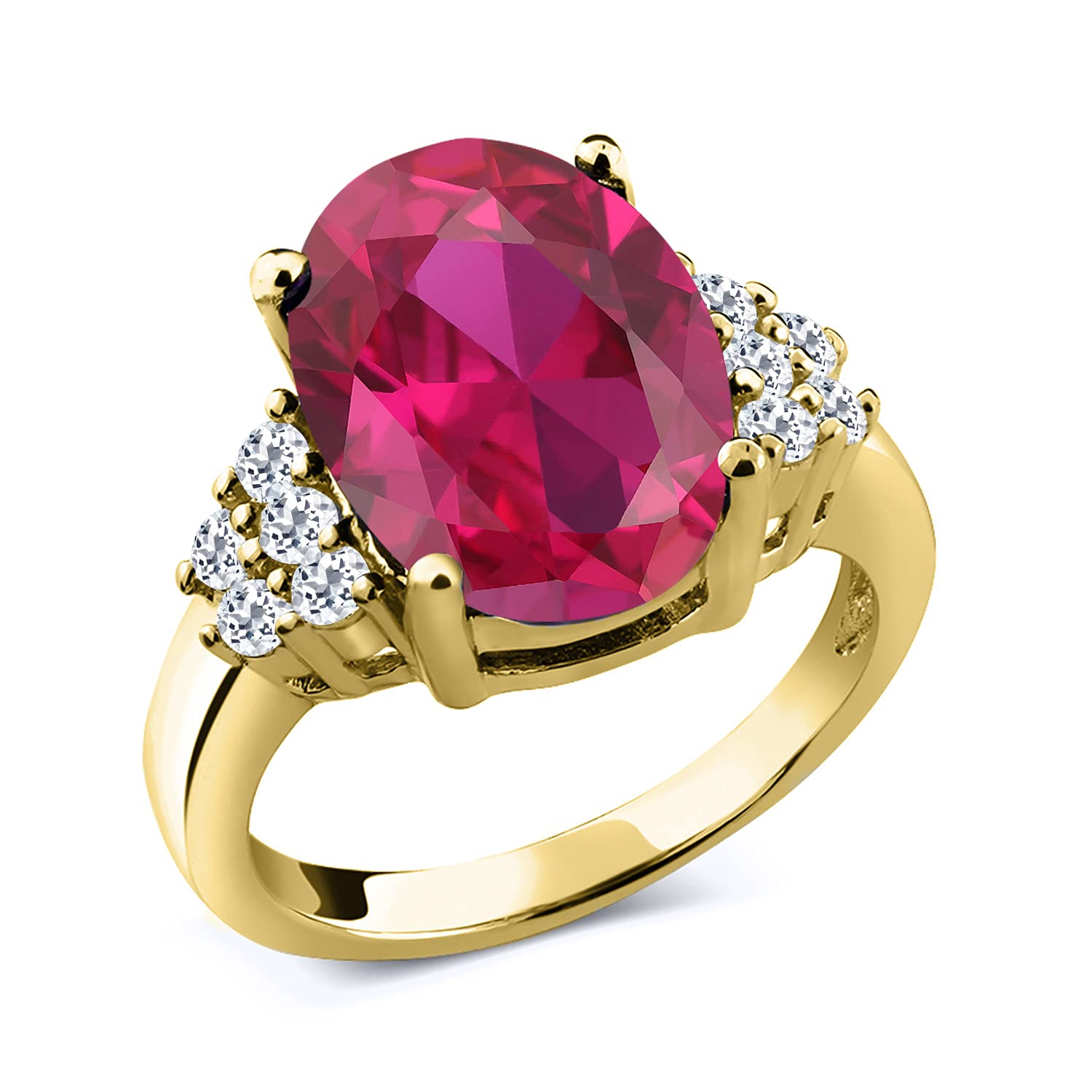 Gem Stone King 18K Yellow Gold Plated Silver Red Created Ruby and White Topaz Women Ring (5.40 Ct Oval 12X10MM, Available 5,6,7,8,9) (Size 6)