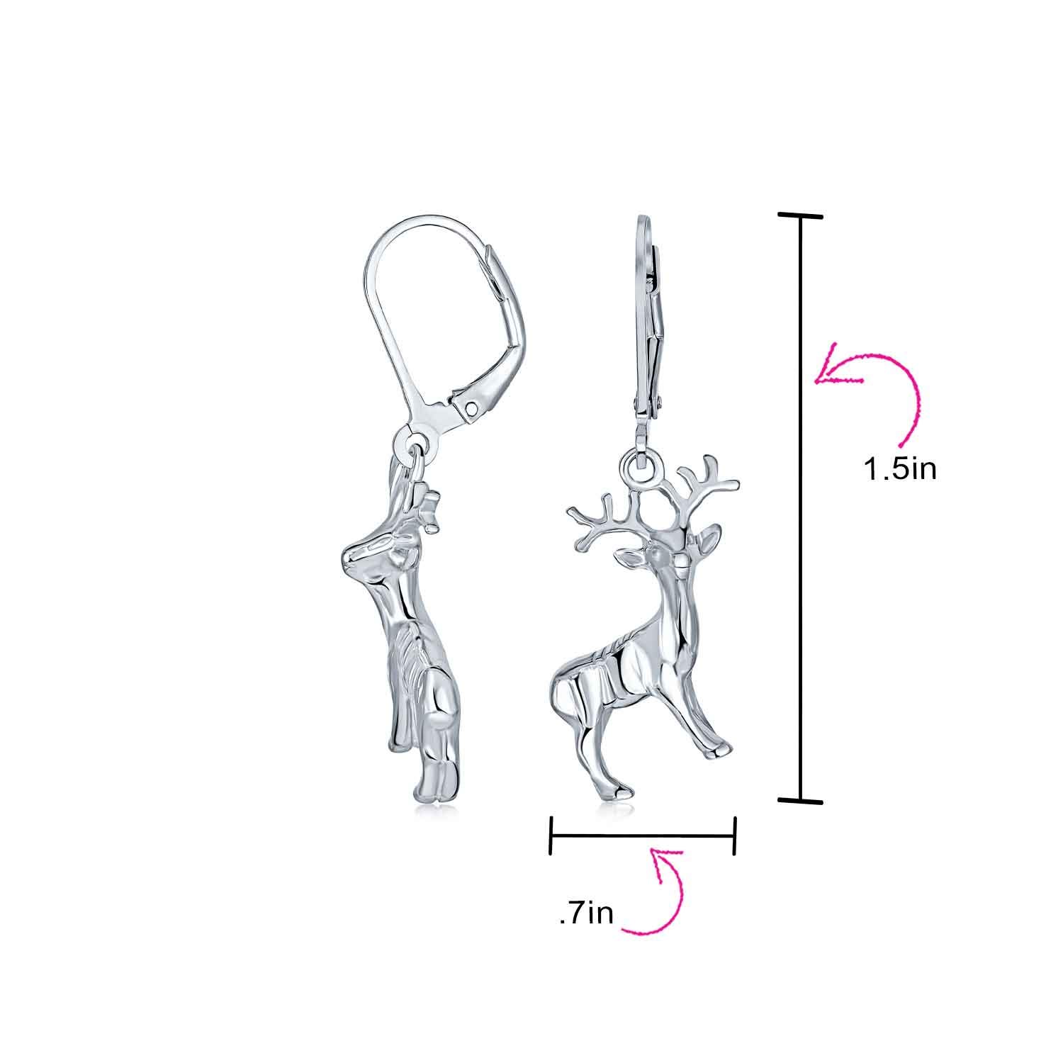 Hunter Outdoor Buck Elk Moose Antelope Christmas Rudolph Reindeer Dangle Earrings For Women Teen Lever back .925 Sterling Silver