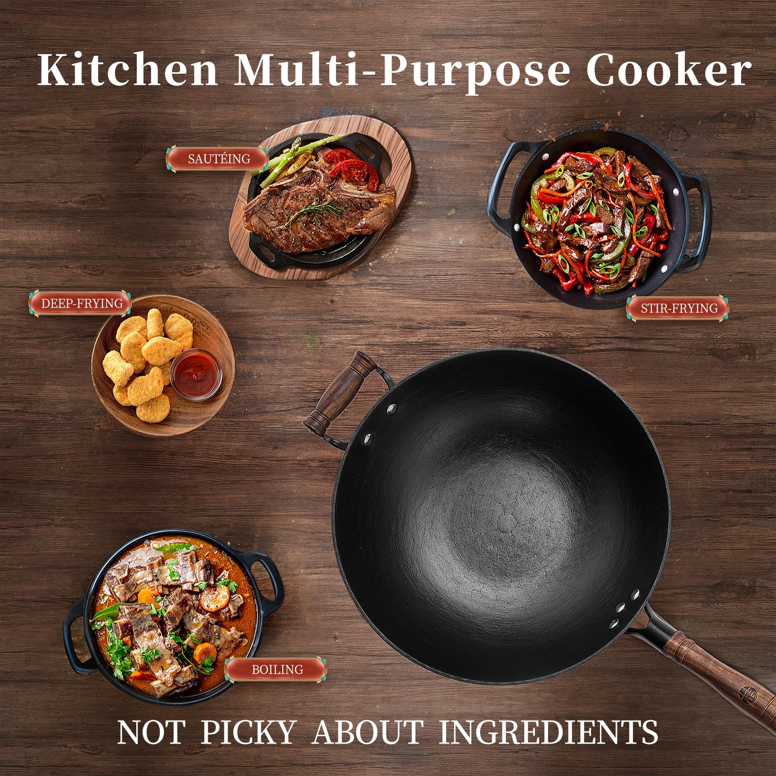 WANGYUANJI Cast Iron Wok,12.59'' Flat Bottom Wok with Glass Lid,Suitable for All Cooktops, Uncoated Craft Wok Healthy Cooking Wok