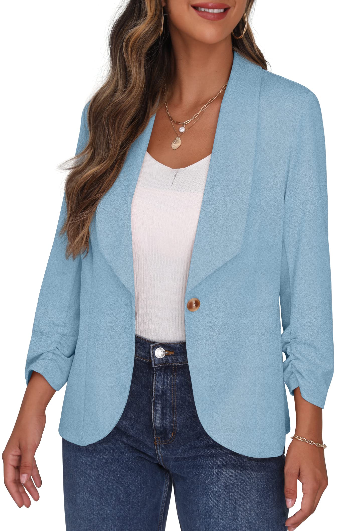 GRECERELLE Blazer Jacket for Women 3/4 Ruched Sleeve Business Casual Outfits Open Front Cropped Blazer Grey Blue-18