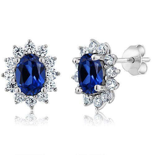 Gem Stone King 925 Sterling Silver Oval 7X5MM Gemstone Birthstone Stud Earrings Princess Diana Royal Halo Style For Women Anniversary Wedding Birthday