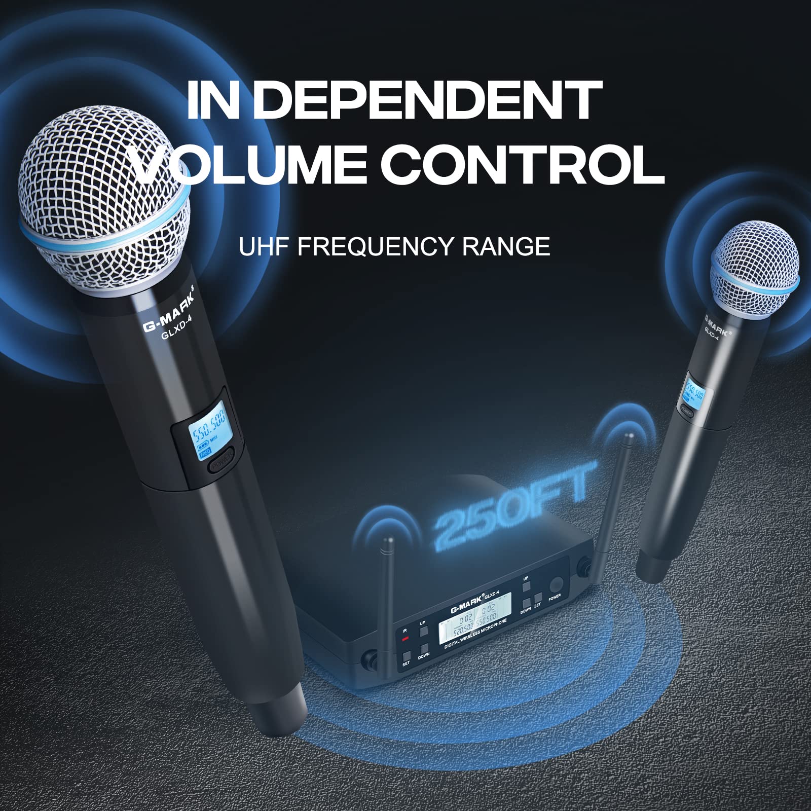 G-MARK Wireless Microphone, GLXD4 Professional Karaoke Microphone Dual UHF Cordless Dynamic Mic System, Frequency Adjustable for Meeting, Party, Church, DJ, Wedding, Home KTV Set, 200ft