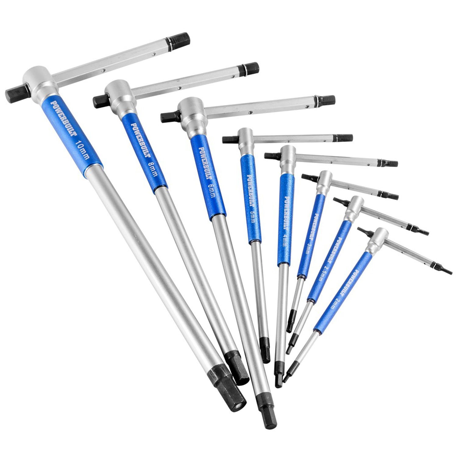 Powerbuilt 8 Pc Metric T-Handle Hex Allen Key Wrench Set w/ Speed Sleeves for Fast Spinning Action, Sliding Top Handle for “T” or “L” Shape, Long Shafts, Storage Rack, Auto, Bicycle, Moto - 941645