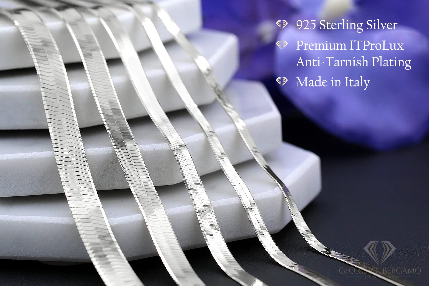 Giorgio Bergamo 925 Sterling Silver 11.5mm Herringbone Chain, ITProLux Flat Imperial Link Necklace, (16)