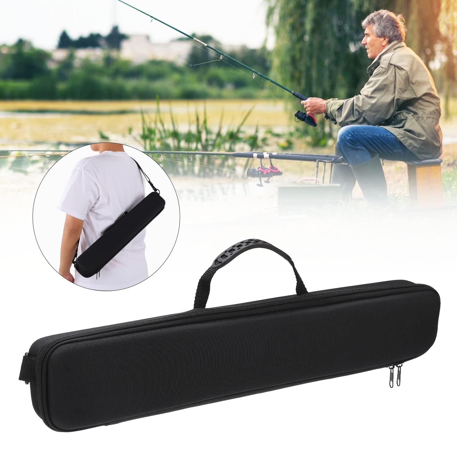 Hard Shell Rod Holder Bag, Anti‑Shock Fishing Rod Bag Large Space Double Zipper for Fishing Tools