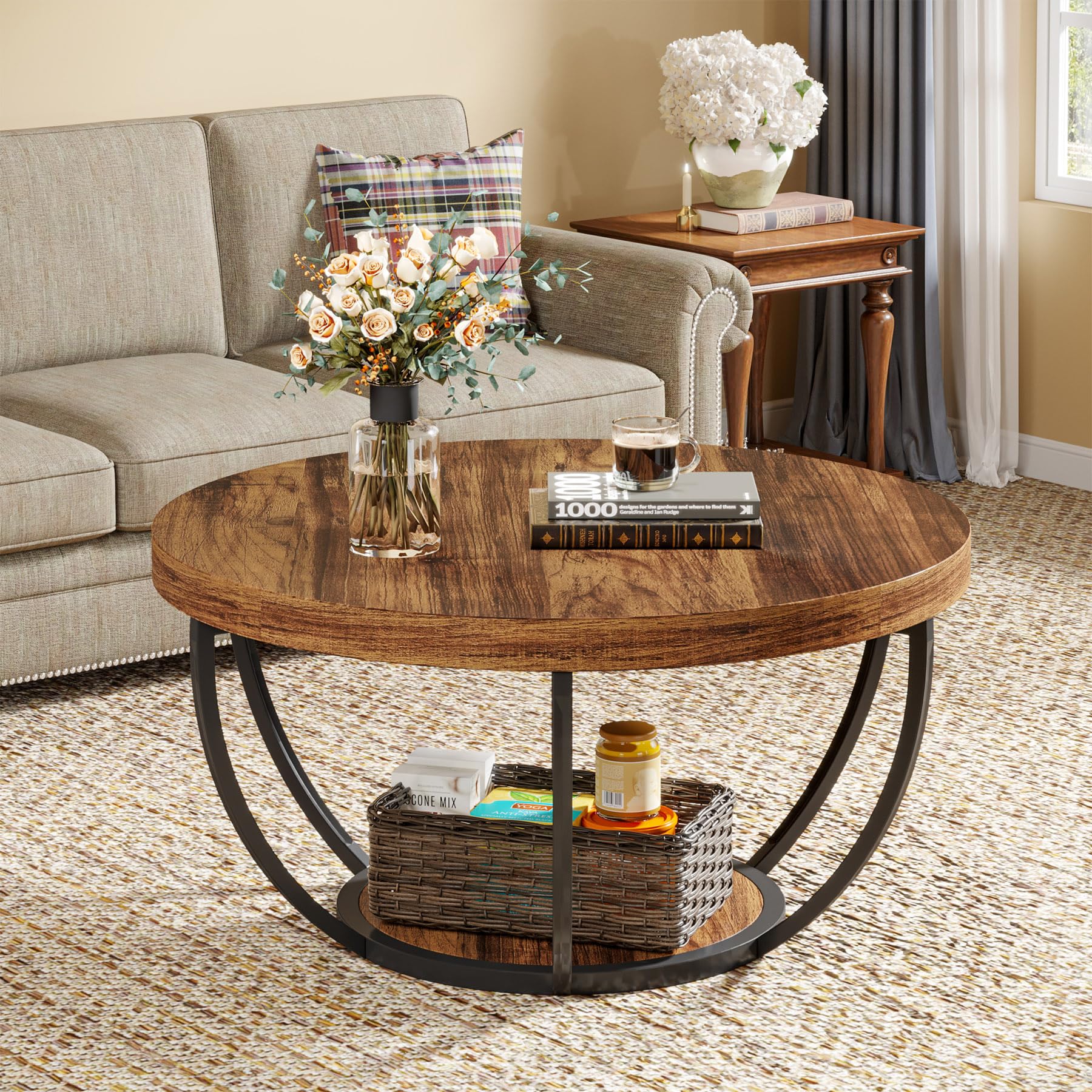 Tribesigns Round Coffee Table, 31.7" Wooden 2-Tier Circle Coffee Table with Storage Shelves, Modern Accent Cocktail Table Center Table for Living Room, Rustic Brown